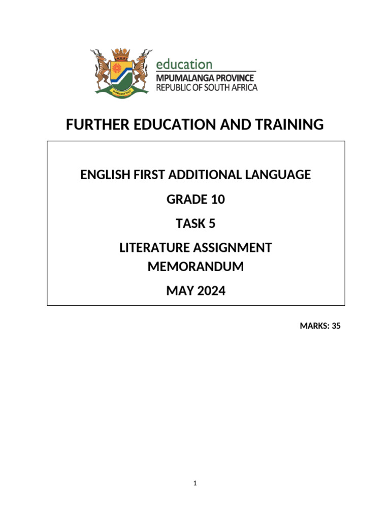 Grade 10 Literature Assignment Memo | PDF