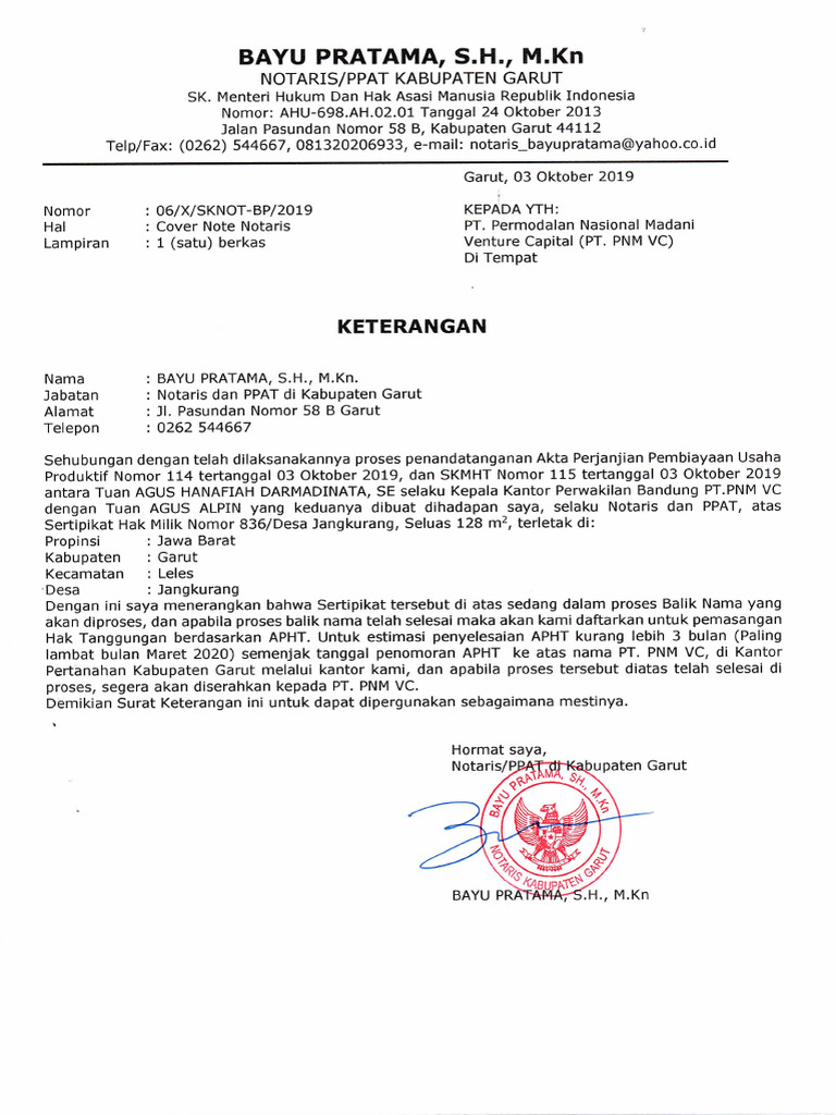 Cover Note Agus-PNM VC | PDF