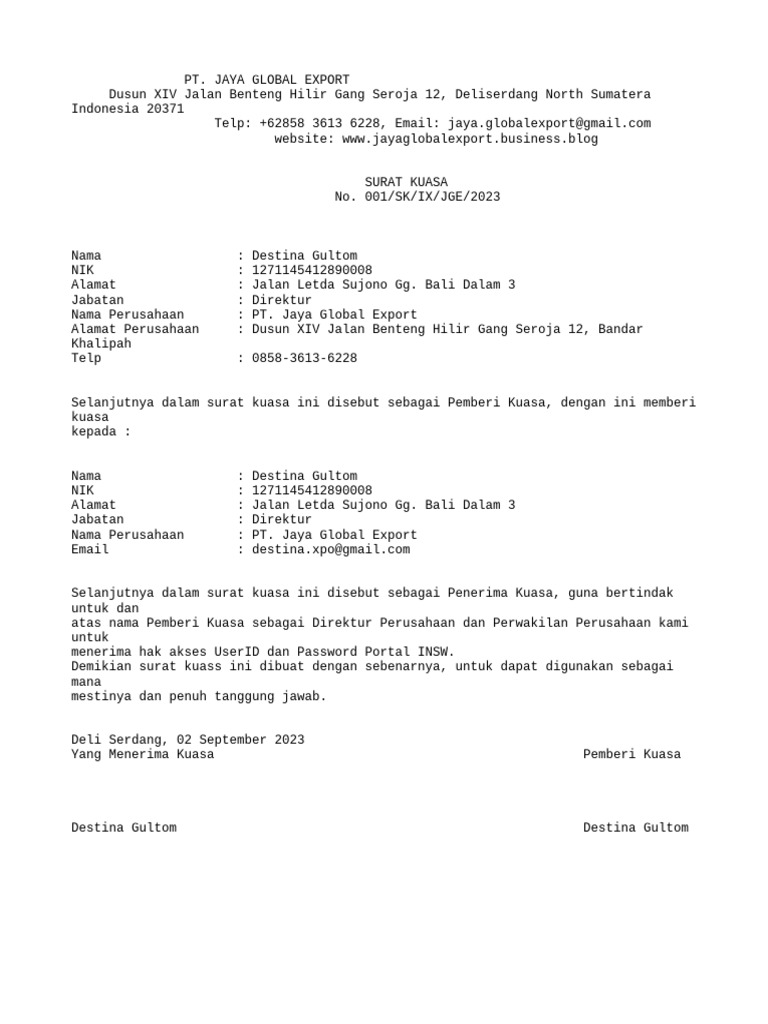 Contoh Surat Kuasa Untuk Insw | PDF