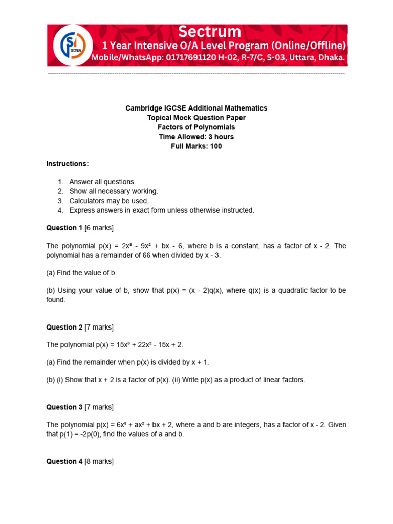 QP O level Add Maths Topical Mock, Polynomial | PDF | Factorization | Quadratic Equation