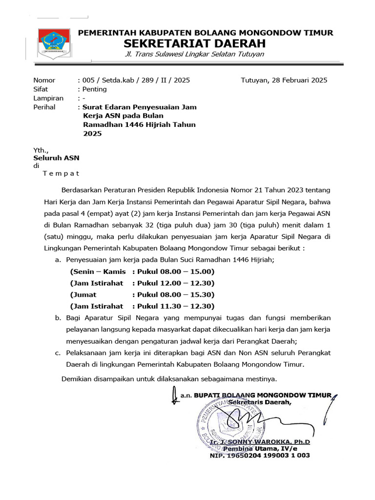 Penyesuaian Jam Kerja Pemda Boltim Bulan Ramadhan 1446 Hijriah Tahun 2025 | PDF