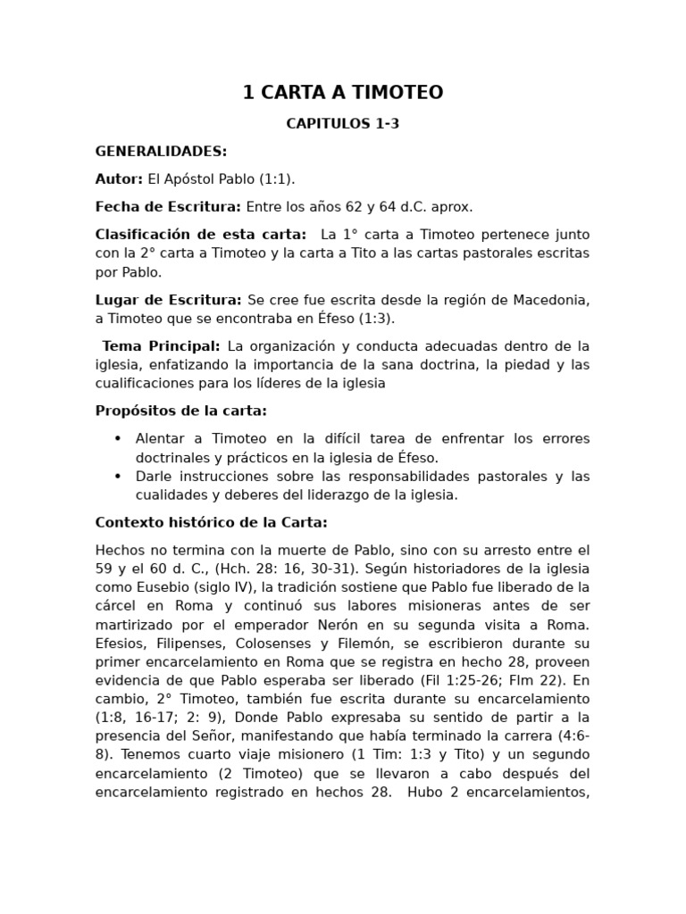 Primera Carta a Timoteo: Capítulos 1-3 | PDF | Pablo el apóstol ...