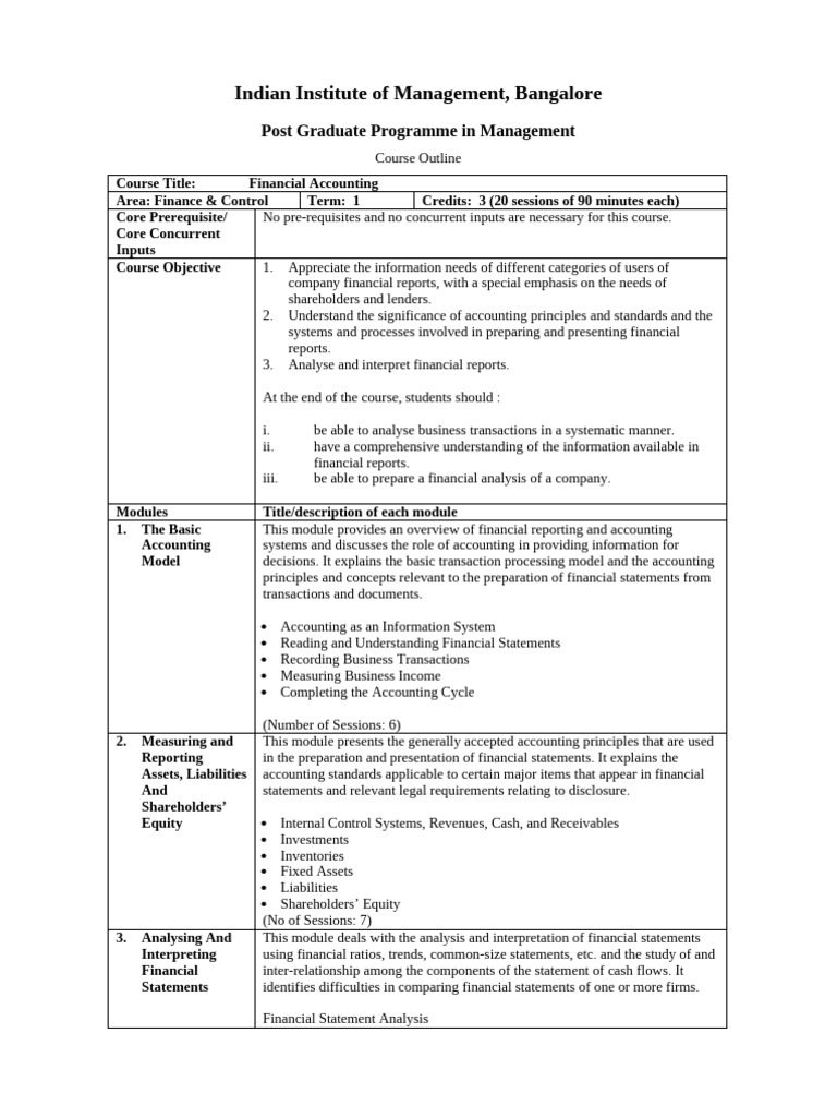 Financial Accounting (PGP) Course Outline | PDF | Financial Accounting ...