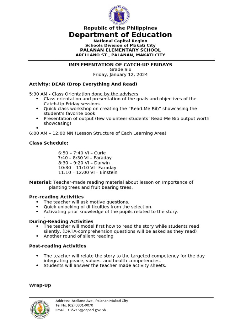 Catch-Up Fridays: Grade Six Reading Plan | PDF | Education Theory ...