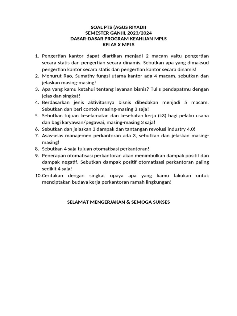 Soal PTS Ganjil 2023-2024 Dasar Dasar Keahlian Program MPLS Agus Riyadi | PDF