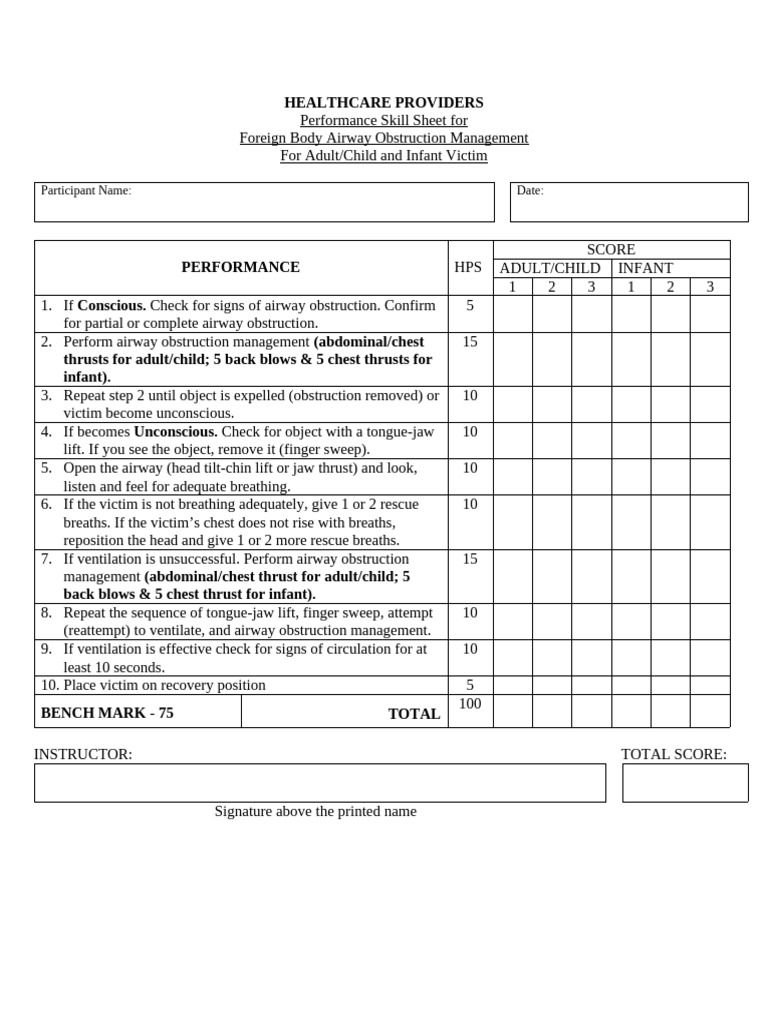 Foreign Body Airway Management Skillsheet | PDF