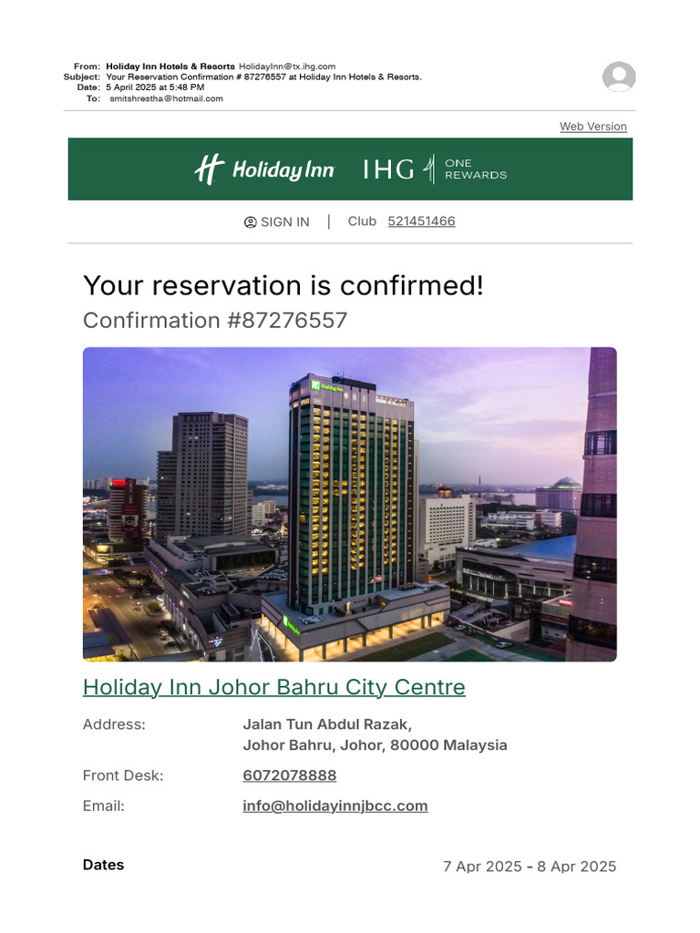 Your Reservation Confirmation 87276557 at Holiday Inn Hotels Resorts ...