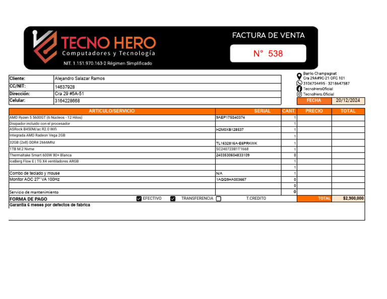 TecnoHero FACTURA Alejandro Salazar #538-TecnoHero | PDF | Hardware de ...
