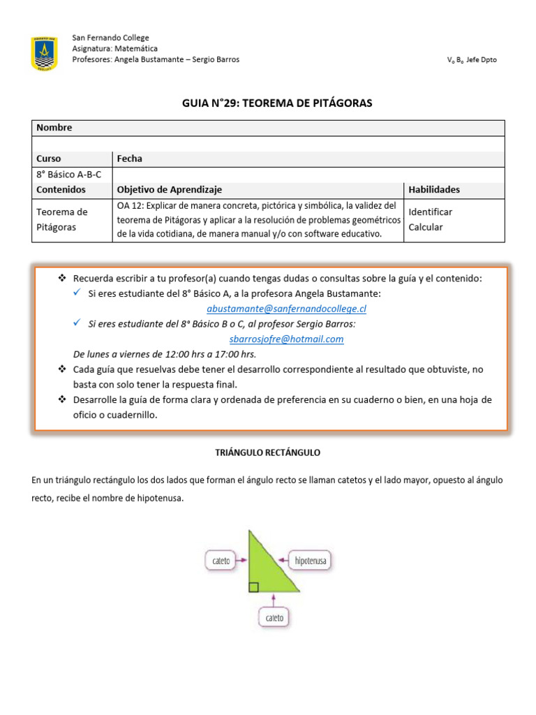 Guía del Teorema de Pitágoras 8° Básico | PDF | Triángulo | Geometría ...