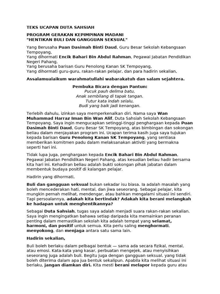 Teks Ucapan Duta Sahsiah | PDF
