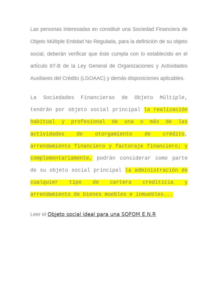 Formulación Del Objeto Social de Una SOFOM | PDF