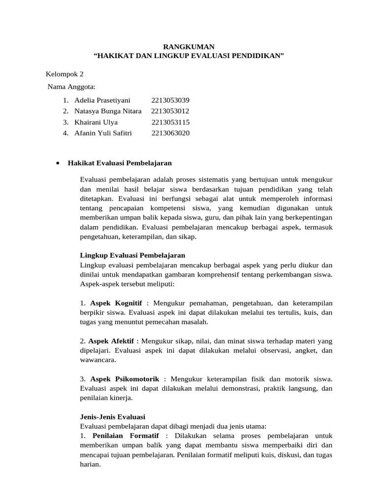 Rangkuman - Hakikat Dan Lingkup Evaluasi Pendidikan - Kelompok 2 | PDF