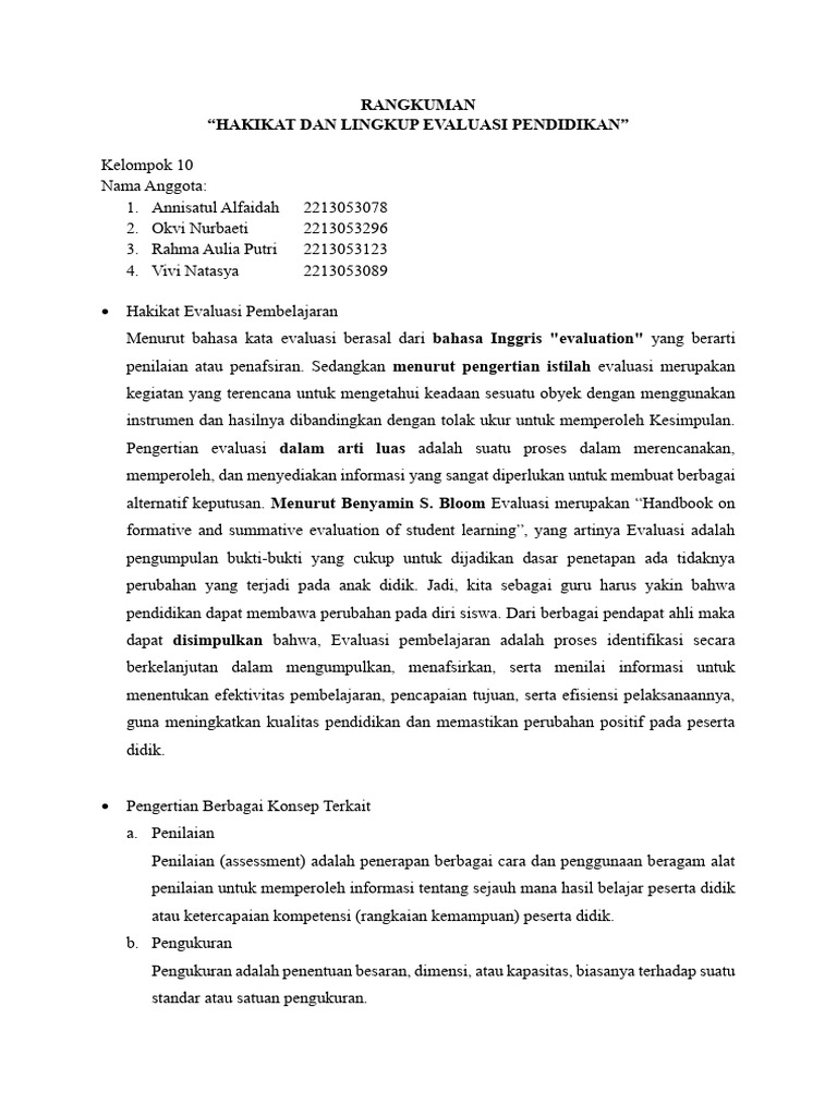 Kelompok 10 - Rangkuman Hakikat Dan Lingkup Evaluasi Pendidikan.. | PDF