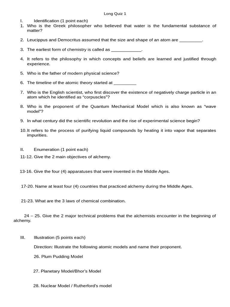 Chemistry Quiz: Atomic Theory & Alchemy | PDF