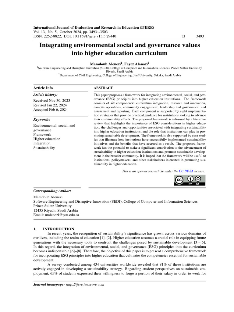 Integrating environmental social and governance values into higher ...