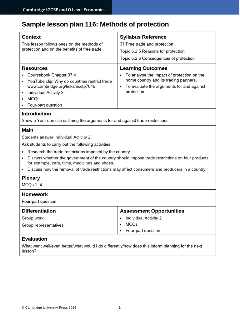 Lesson Plan 116 Protection IGCSE-OL Economics | PDF