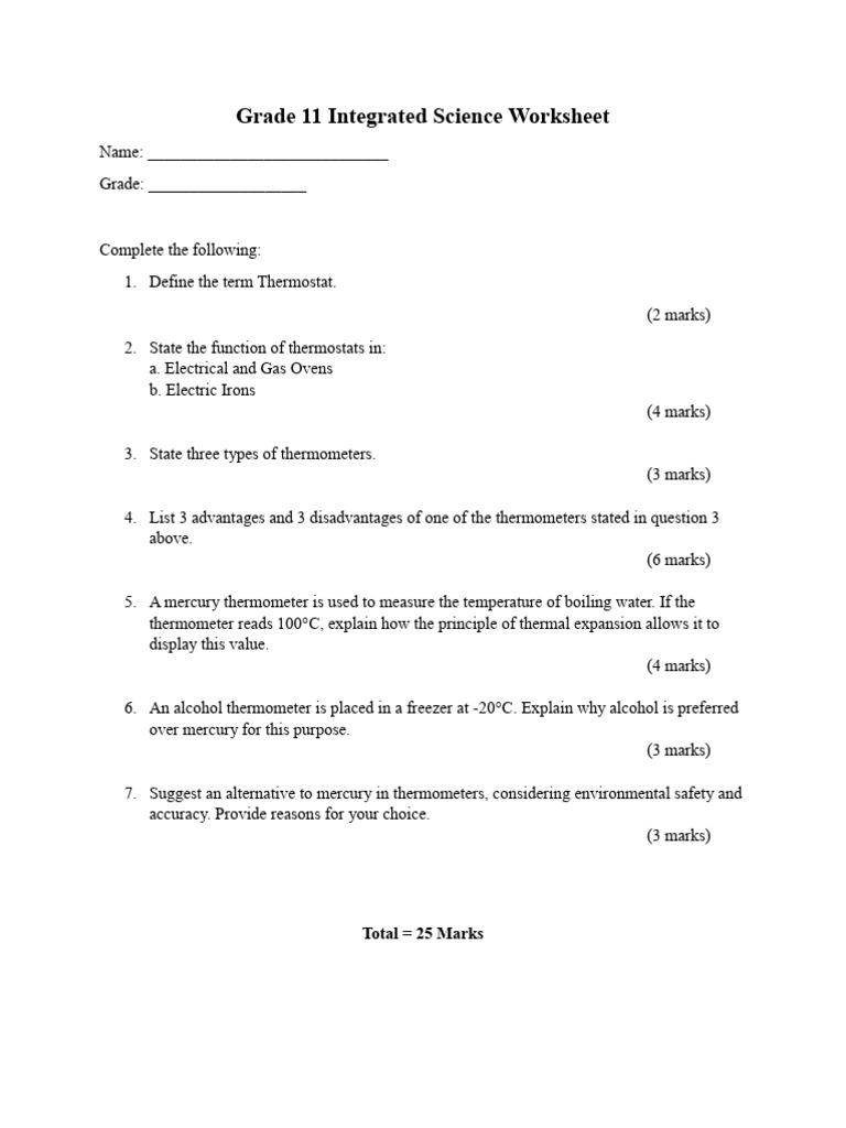 Grade 11 Integrated Science Worksheet - Jan 21, 2025 | PDF