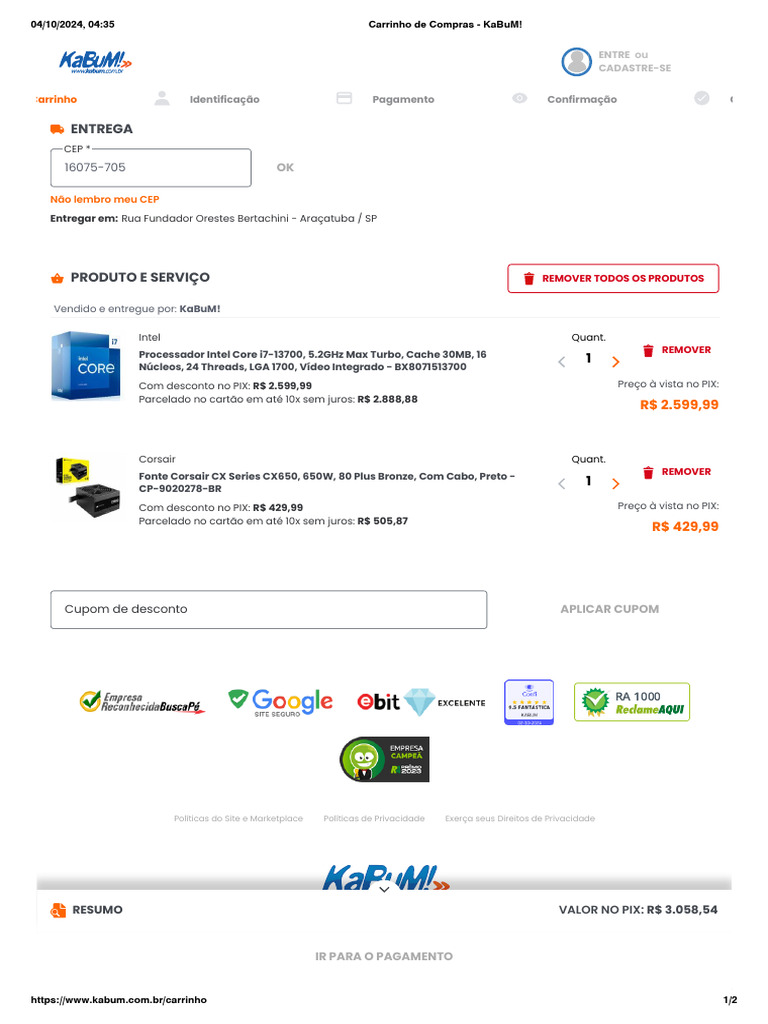 Carrinho de Compras - KaBuM! | PDF