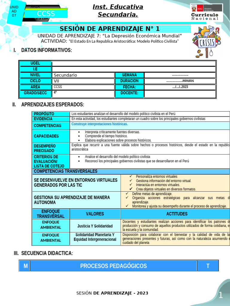 Sesion CCSS 4° Sec-Semana 01 Uni 7 | PDF | Aprendizaje | Evaluación