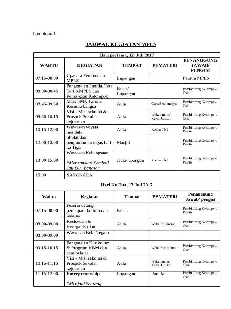Lampiran jadwal MOS 2017 | PDF