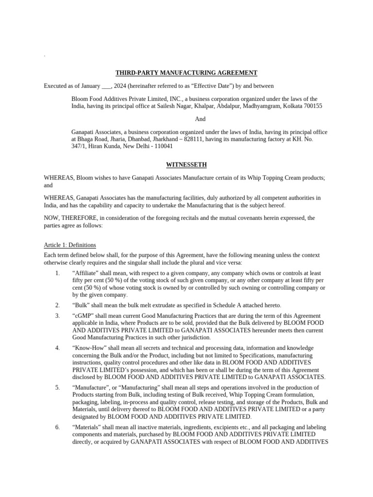 Third-Party Manufacturing Agreement | PDF | Indemnity | Private Law