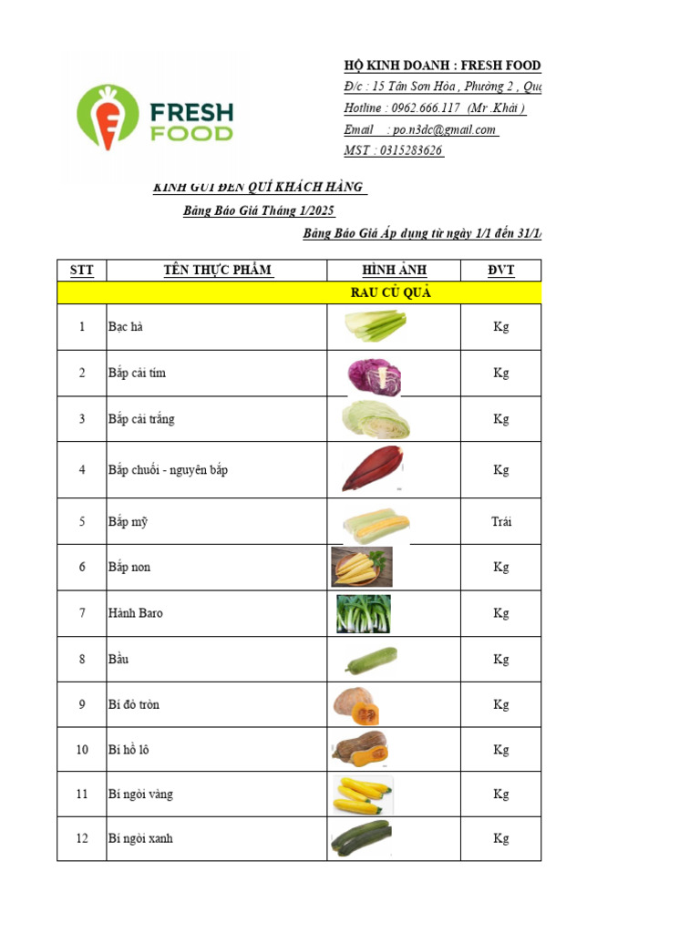 Fresh Food Price List | PDF