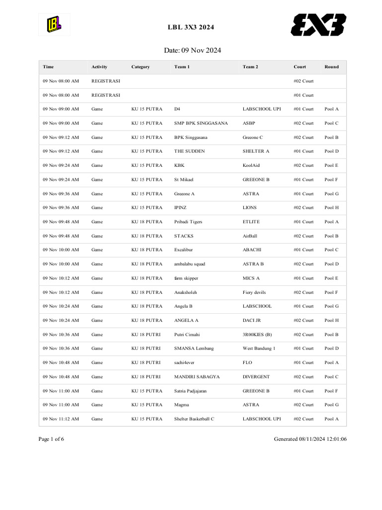 JADWAL PERTANDINGAN LBL 2024 3x3 | PDF