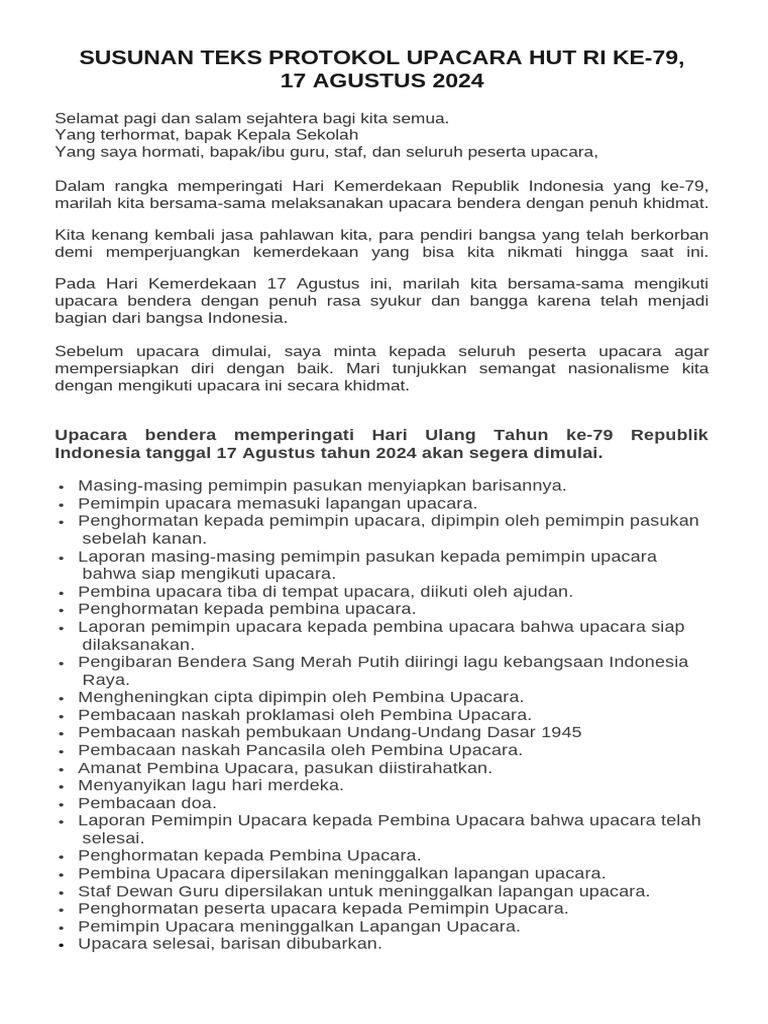 Susunan Teks Protokol Upacara Hut Ri Ke 79 SMP Negeri 2 Lembor Selatan ...
