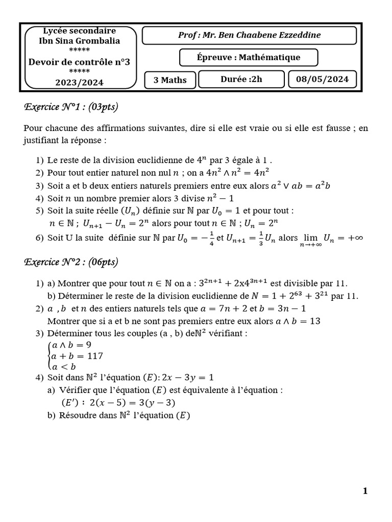 Devoir de maths : Équations et suites | PDF | Entier naturel ...