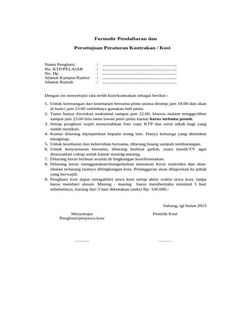 Formulir Pendaftaran Kosan | PDF