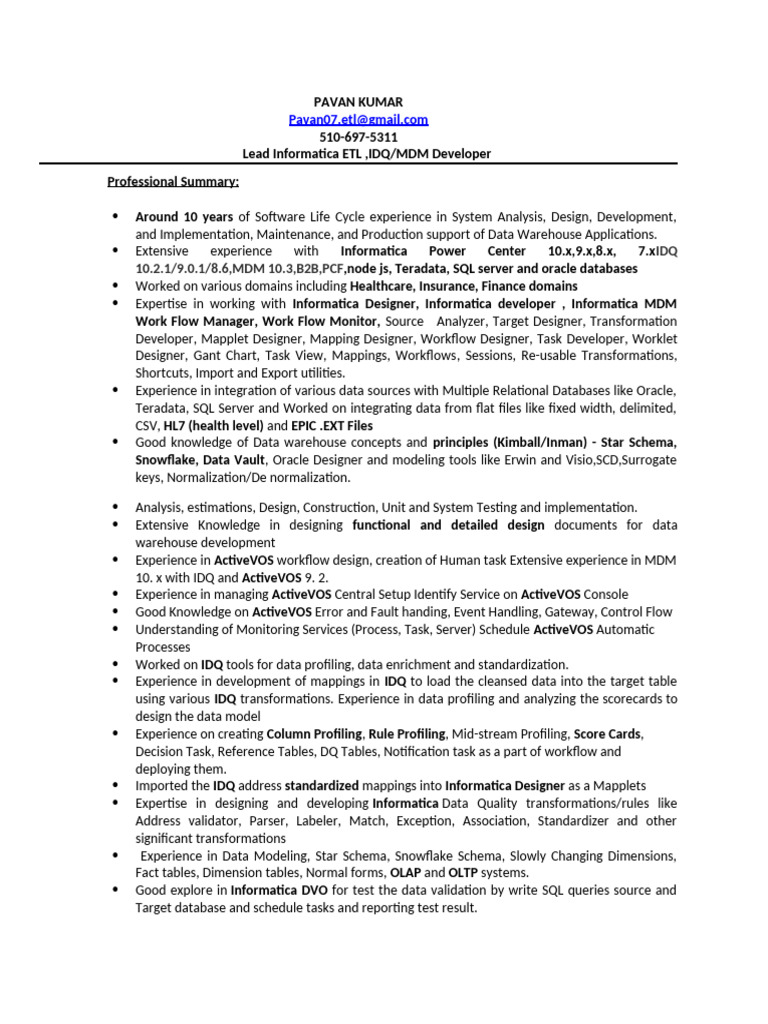 Pavan SR ETL IDQ MDM Developer | PDF | Databases | Data Warehouse