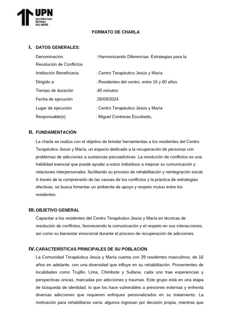 ESQUEMA DE CHARLA-Resolucion de Conflictos | PDF | Sicología | Ciencias del comportamiento