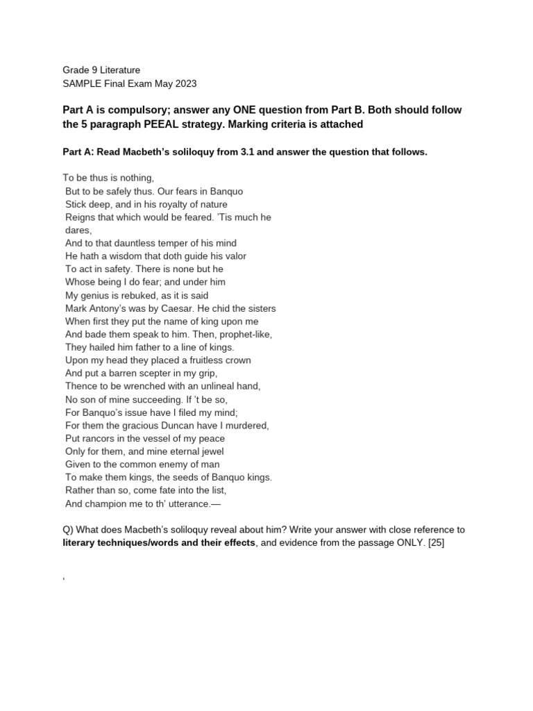 Sample of Grade 9 Literature | PDF | Macbeth | Linguistics