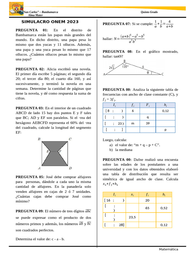 Simulacro Onem San Carlos 2023 | PDF | Matemáticas