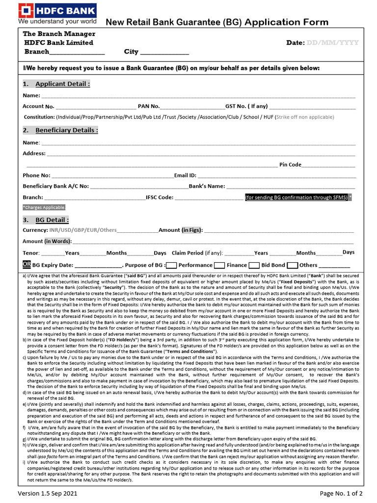 HDFC Bank Guarantee Application Form | PDF | Banks | Financial Services