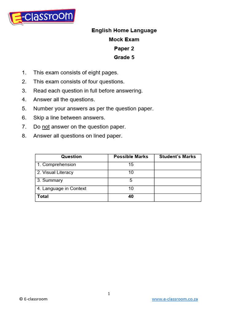 GR 5 English HL Mid Year Comprehension and Language Practice Paper ...