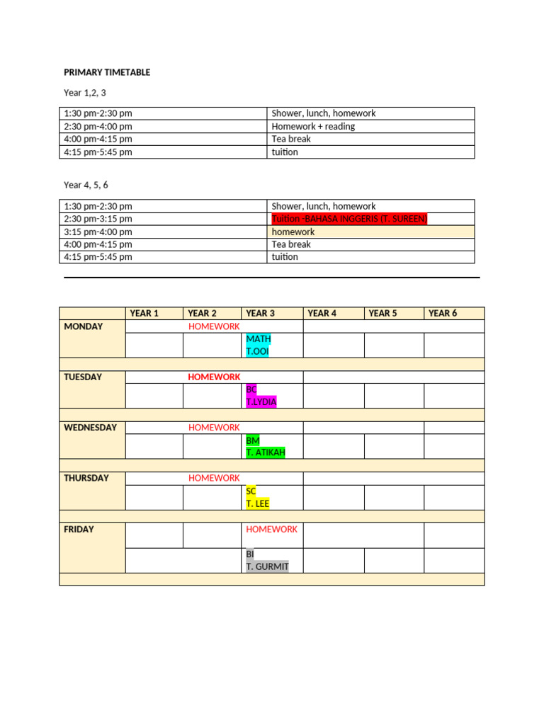 Primary Timetable 2024 Year 3 | PDF