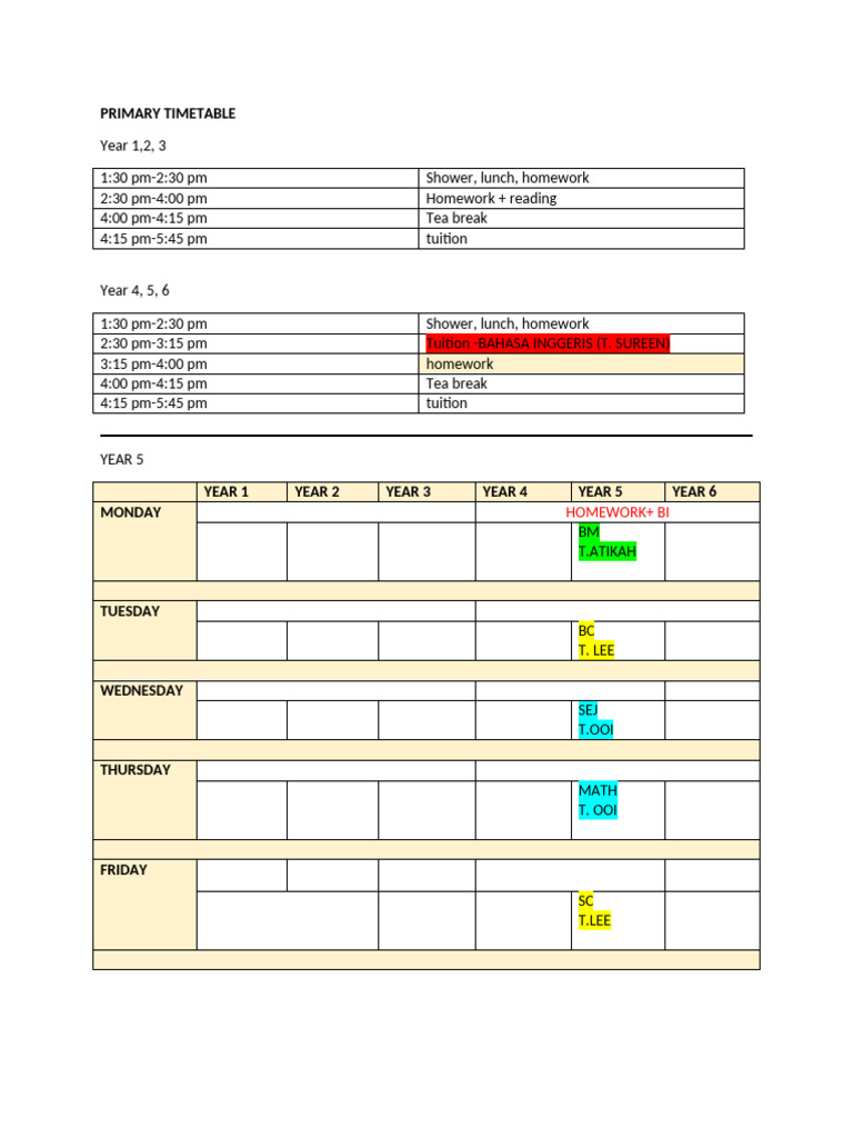 Primary Timetable 2024 Year 5 | PDF
