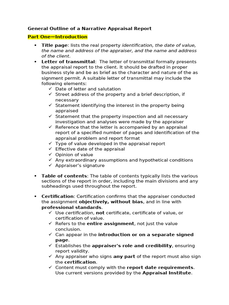 General Outline of A Narrative Appraisal Report | PDF | Real Estate ...