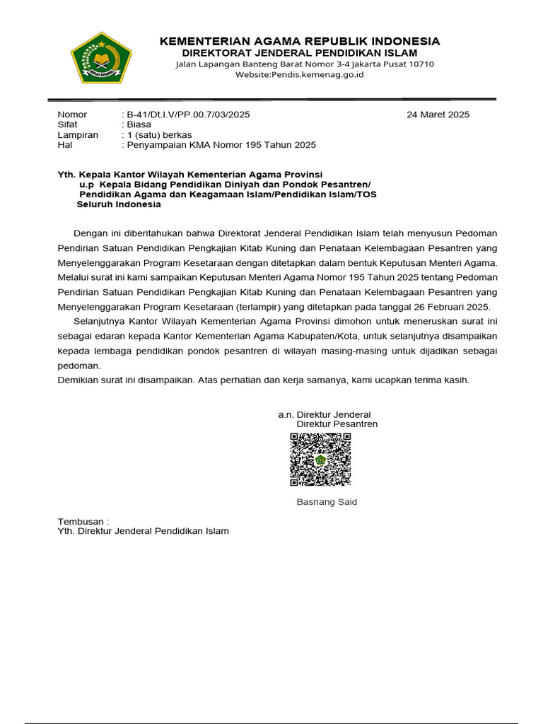 Surat Penyampaian KMA Nomor 195 Tahun 2025 | PDF
