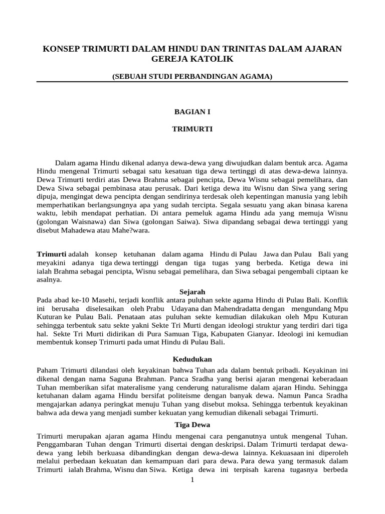 Konsep Trimurti Dalam Hindu Dan Trinitas Dalam Ajaran Gereja Katolik | PDF