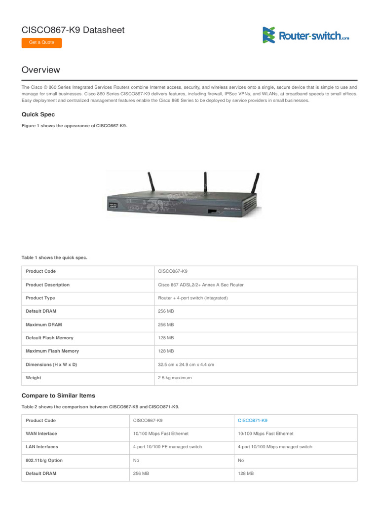 Cisco867 k9 Datasheet | PDF | Router (Computing) | Network Switch