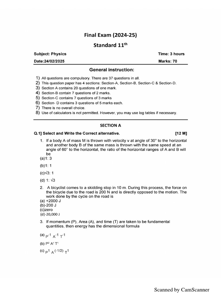 11th CBSE Physics Question Paper | PDF