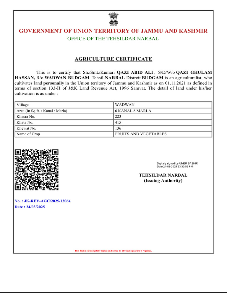 Agriculture Certificate | PDF