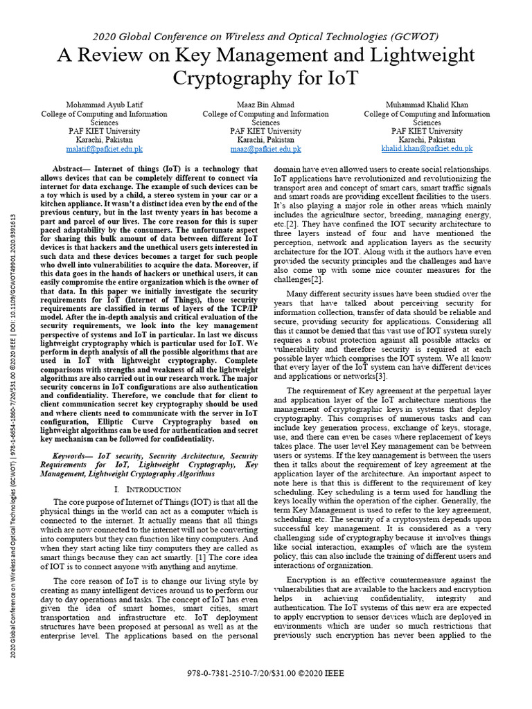 A Review On Key Management and Lightweight Cryptography For IoT | PDF | Public Key Cryptography ...