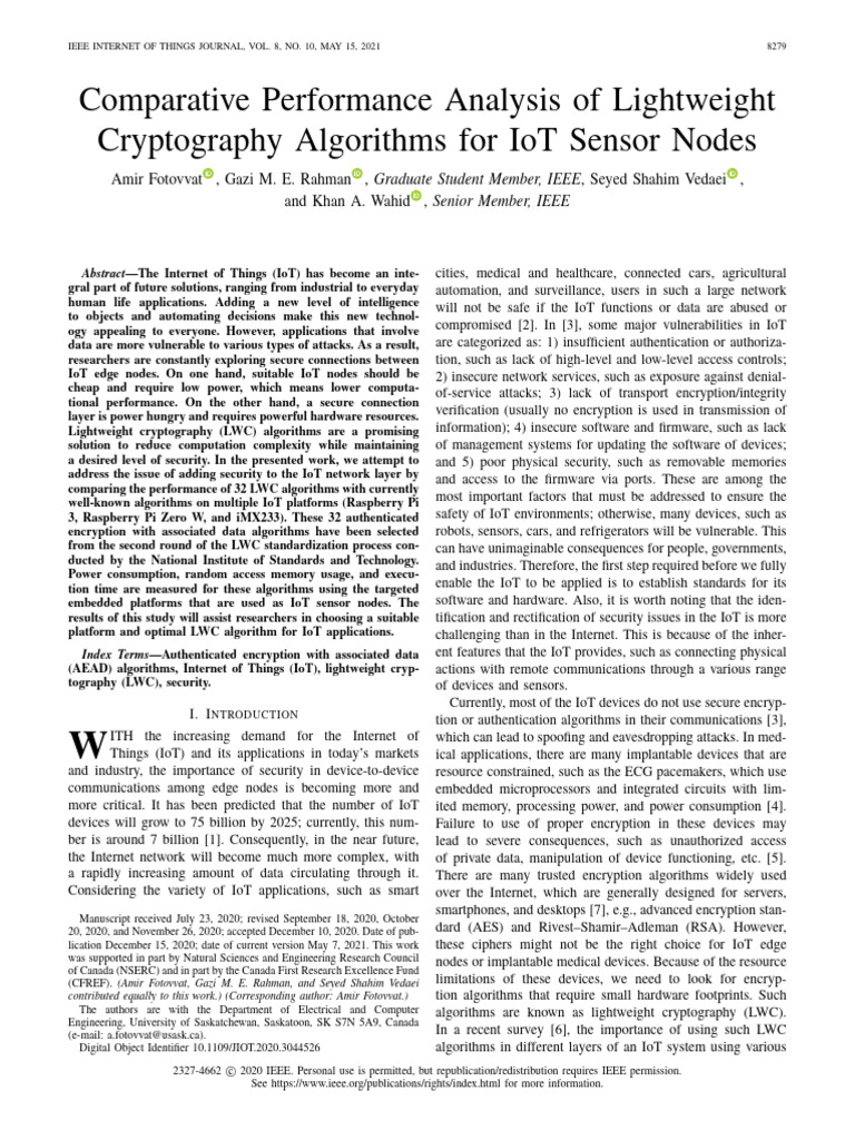 Comparative Performance Analysis of Lightweight Cryptography Algorithms For IoT Sensor Nodes ...