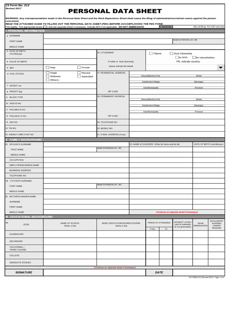 CS Form No. 212 Revised Personal Data Sheet - New | PDF | Government ...