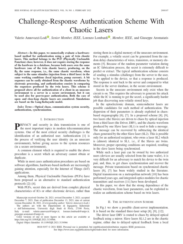 Challenge-Response Authentication Scheme With Chaotic Lasers | PDF ...