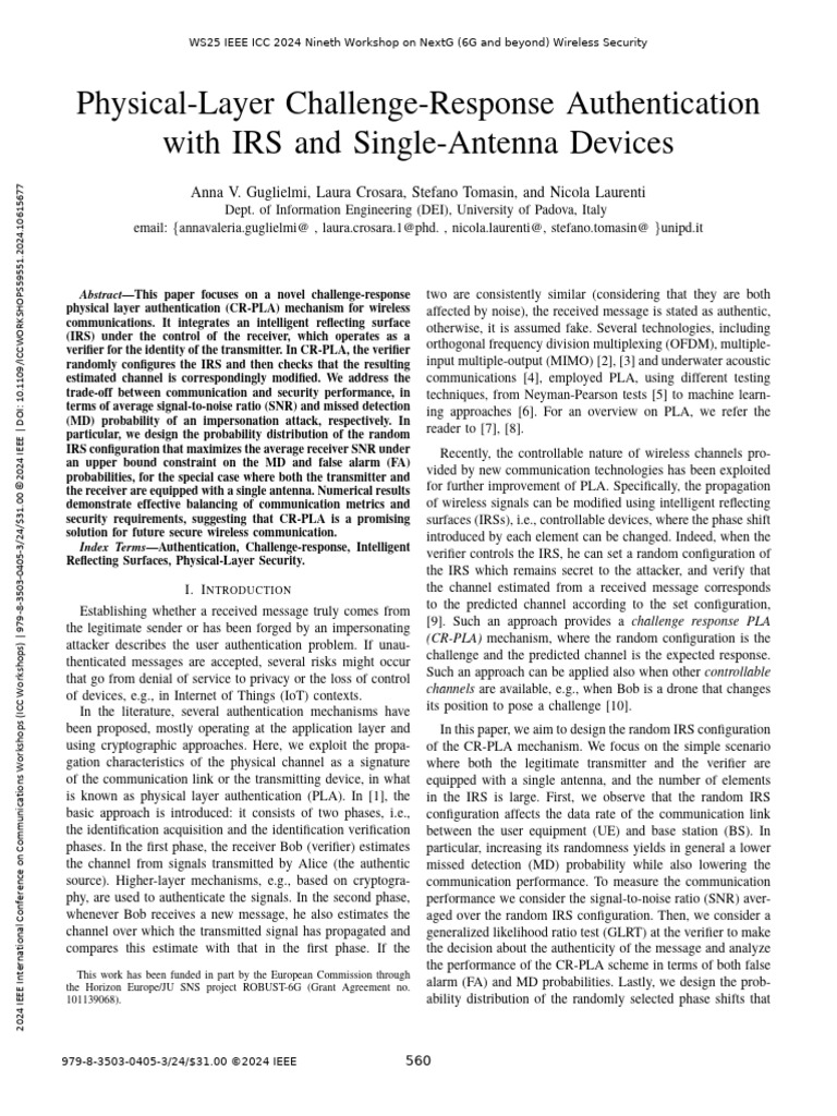 Physical-Layer Challenge-Response Authentication With IRS and Single-Antenna Devices | PDF ...