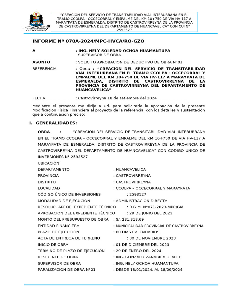 15 Informe Deductivo de Obra | PDF | Presupuesto